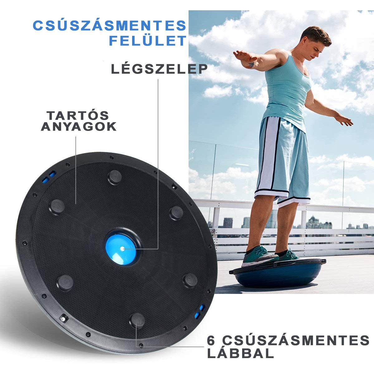 GO4FIT bosu, egyensúlyozó labda, kék színű, gumikötéllel és pumpával ...