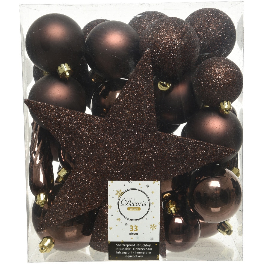 Комплект от 32 коледни топки Decoris, С връх за елха, Пластмаса, 8 см ...