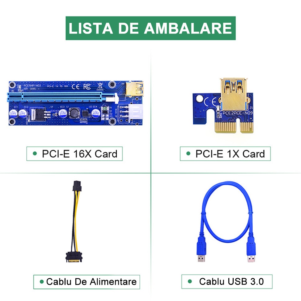 Комплект адаптерни карти PCI-E към PCI, Sundiguer, 4 броя, PCI-E 1X до 16X, 60CM, LED, USB3.0 ...