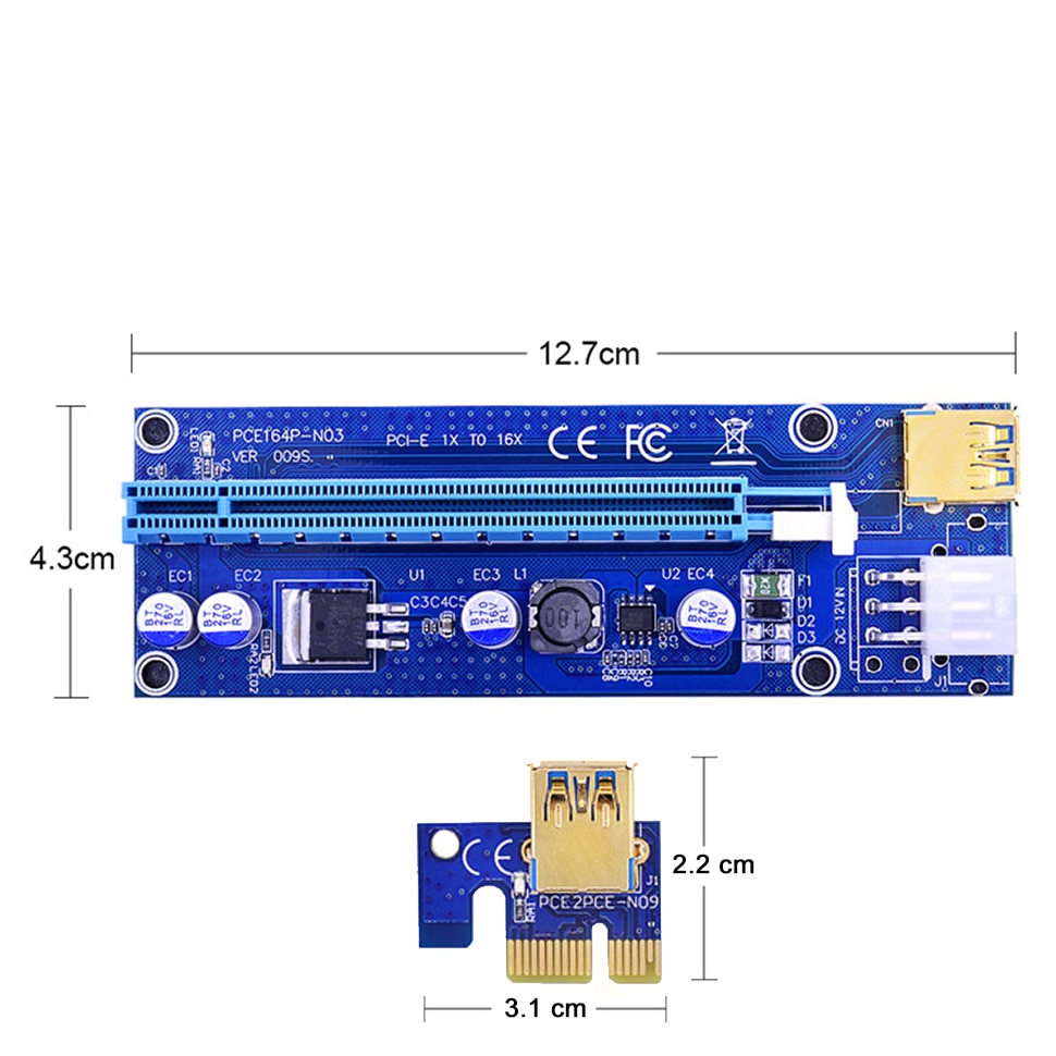 Комплект адаптерни карти PCI-E към PCI, Sundiguer, 4 броя, PCI-E 1X до 16X, 60CM, LED, USB3.0 ...