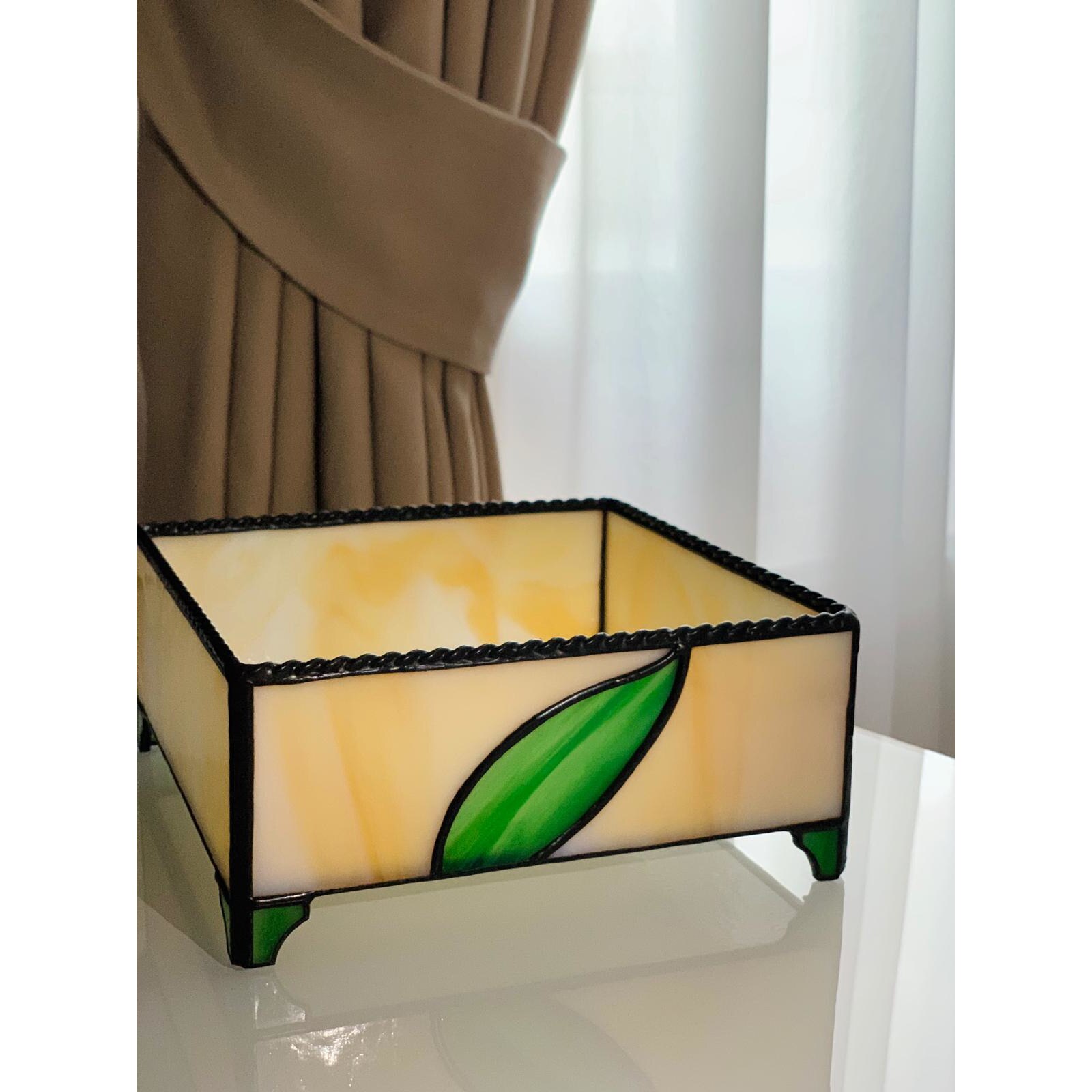 Cutie decorativa Green Leaf, Vitralii Moderne, 15.5 X 15.5 X 6.5 cm ...