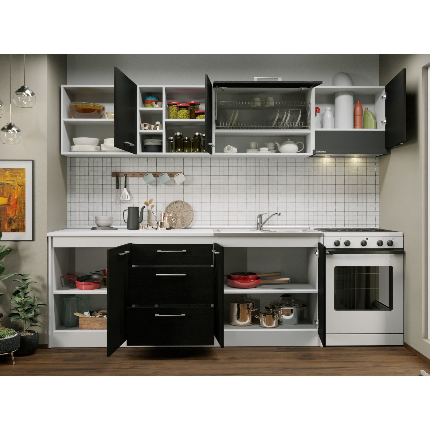 Set Mobila Bucatarie Mina 260 cm Alb/Ferrara C03 pal melaminat 16mm ...