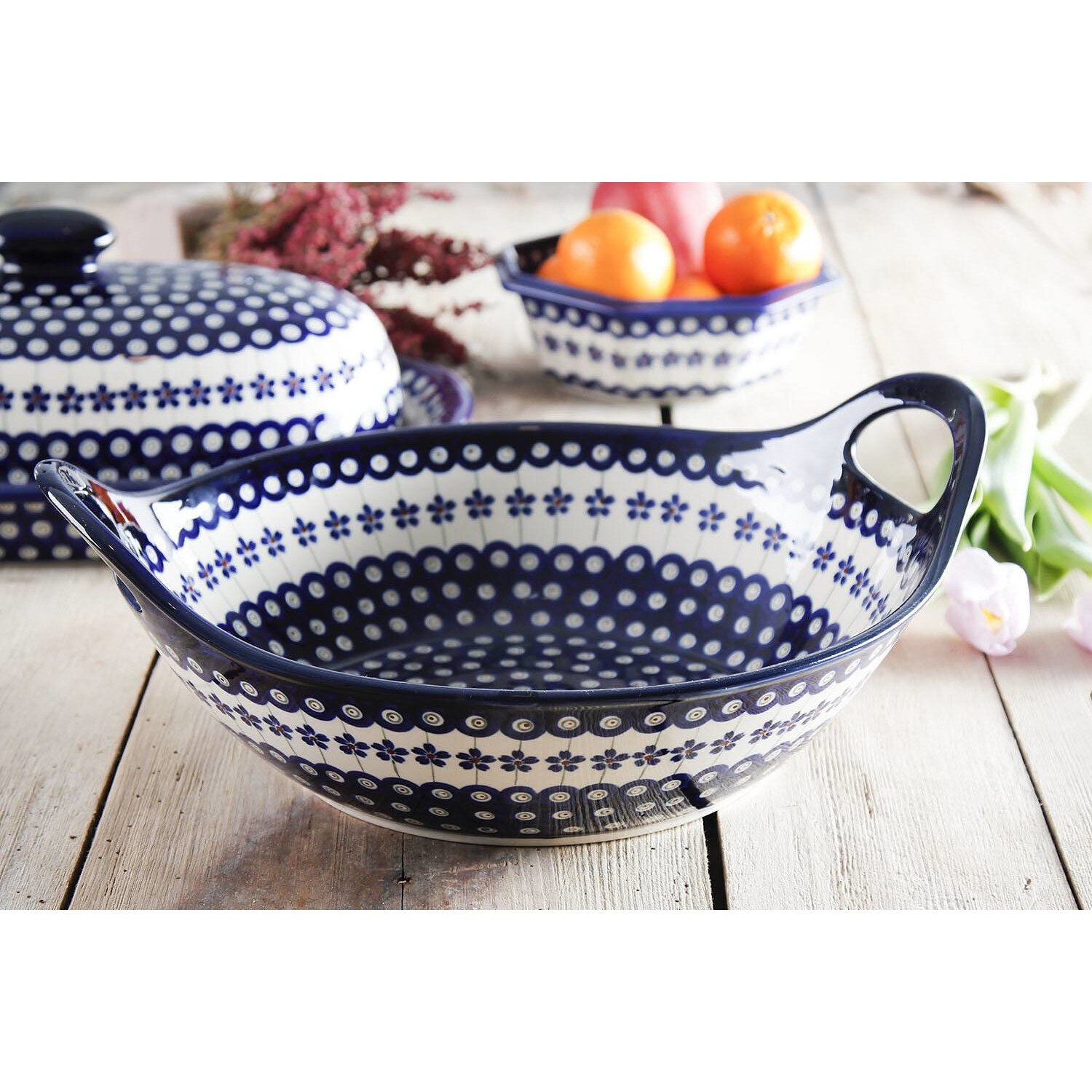 Castron din ceramica BOLESLAWIEC GU-1347 DEK. 166A, 2.5 L, Albastru/Alb ...