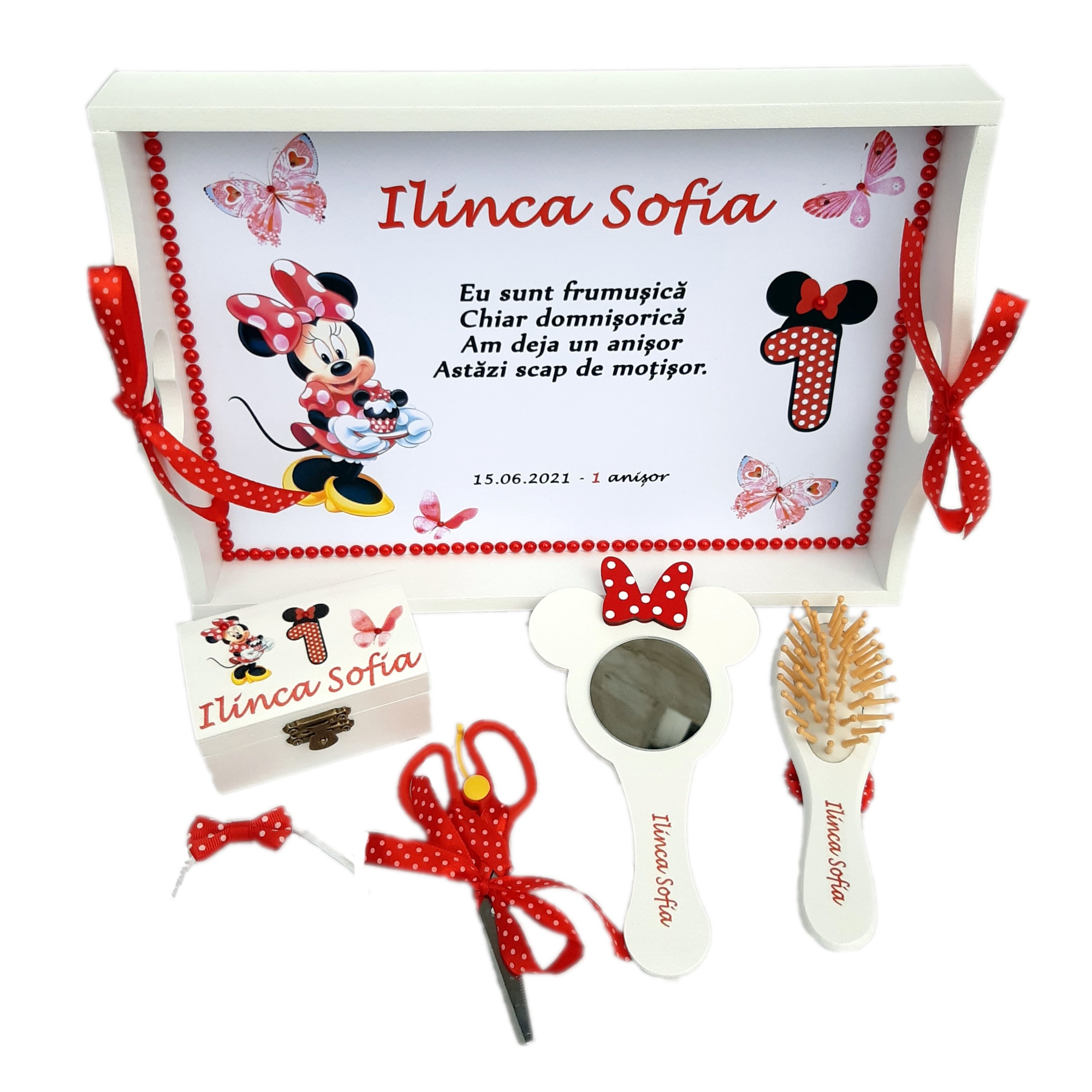 Set personalizat pentru taierea motului Minnie Rosu, fetita, 6 piese ...