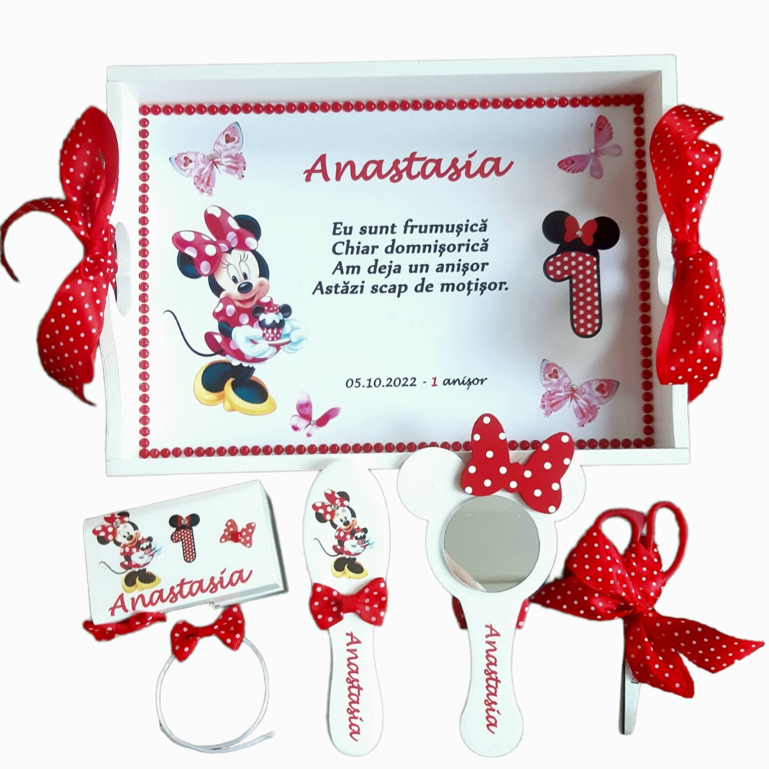 Set personalizat pentru taierea motului Minnie Rosu, fetita, 6 piese ...