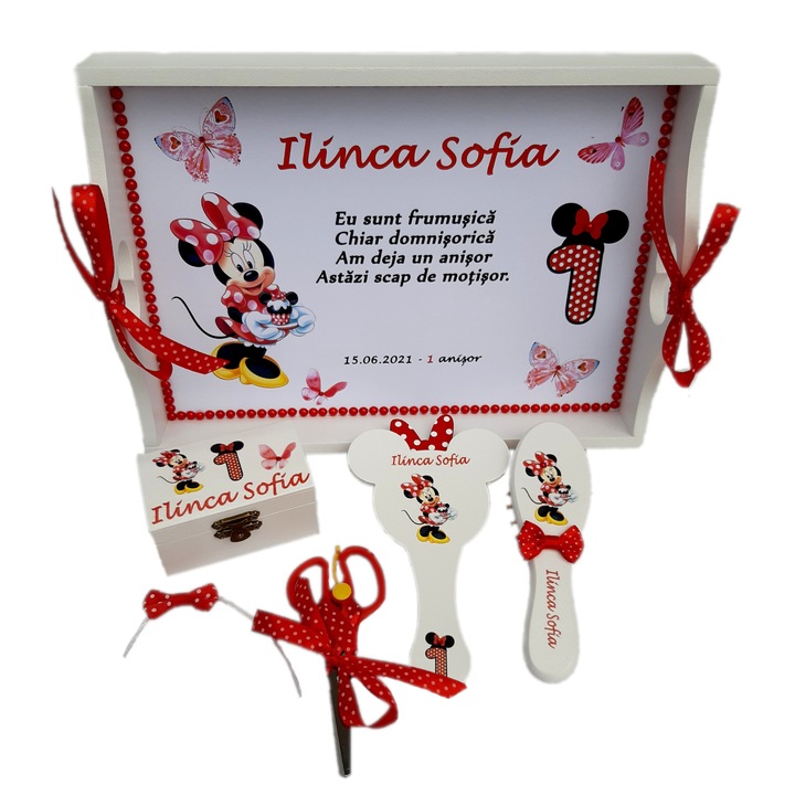 Set personalizat pentru taierea motului Minnie Rosu, fetita, 6 piese ...