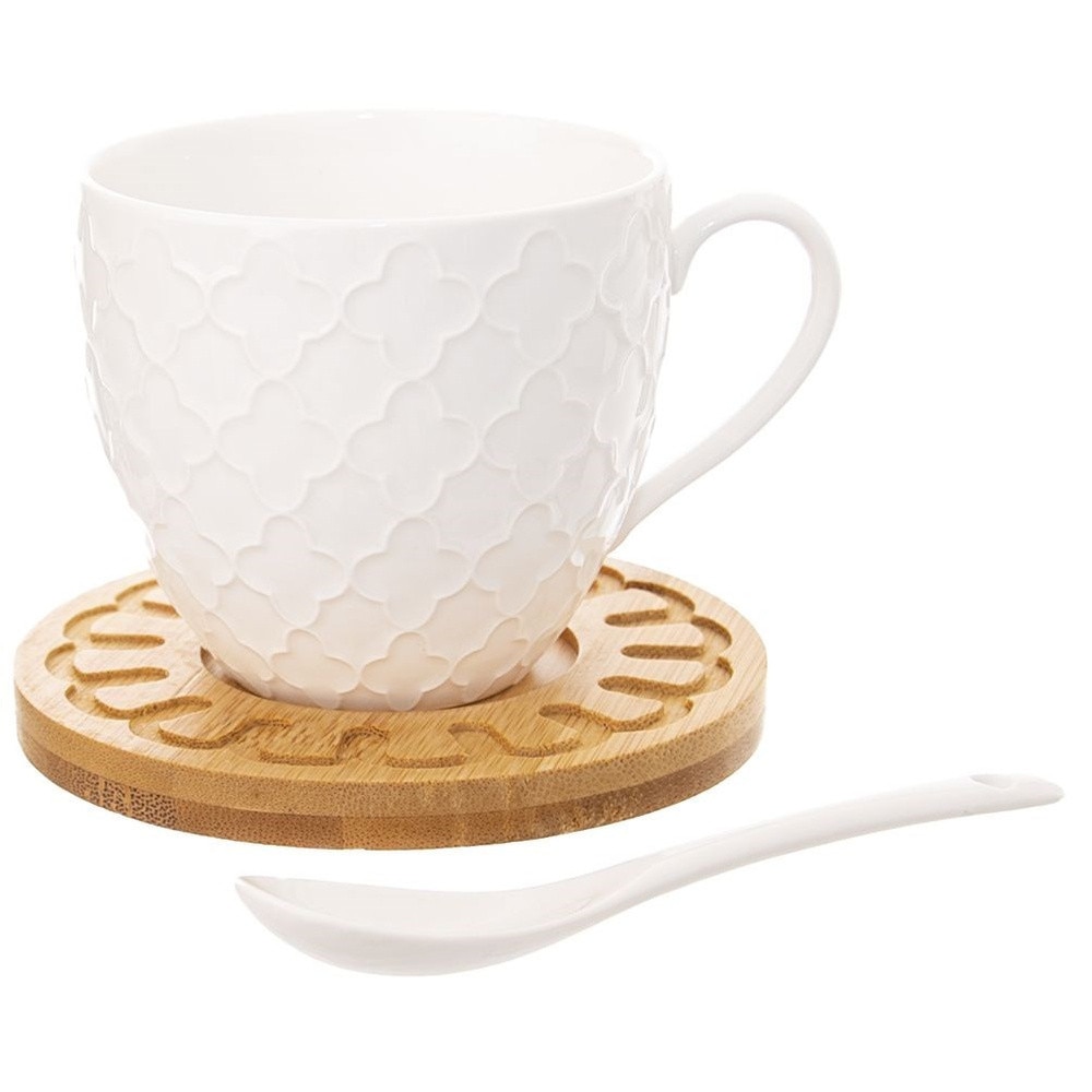 Set 2 Cesti de cafea cu Farfurii Orion Lendi, Portelan/Bambus, 250 ml ...
