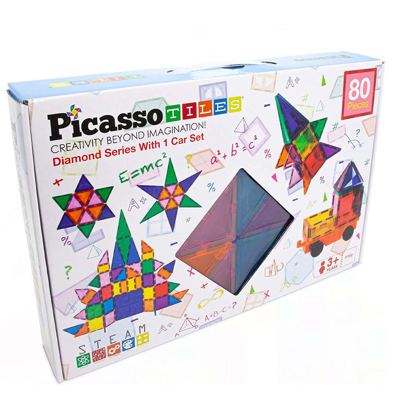 Set de constructie magnetic, Picasso Tiles, 80 piese cu o masinuta ...