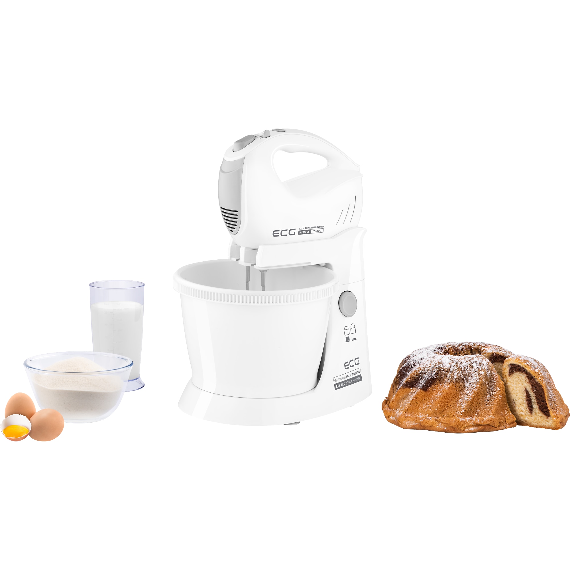 Mixer de mana cu bol rotativ ECG RSM 4052, 400 W, 3.5 L, 5 viteze, functie Turbo, alb - eMAG.ro