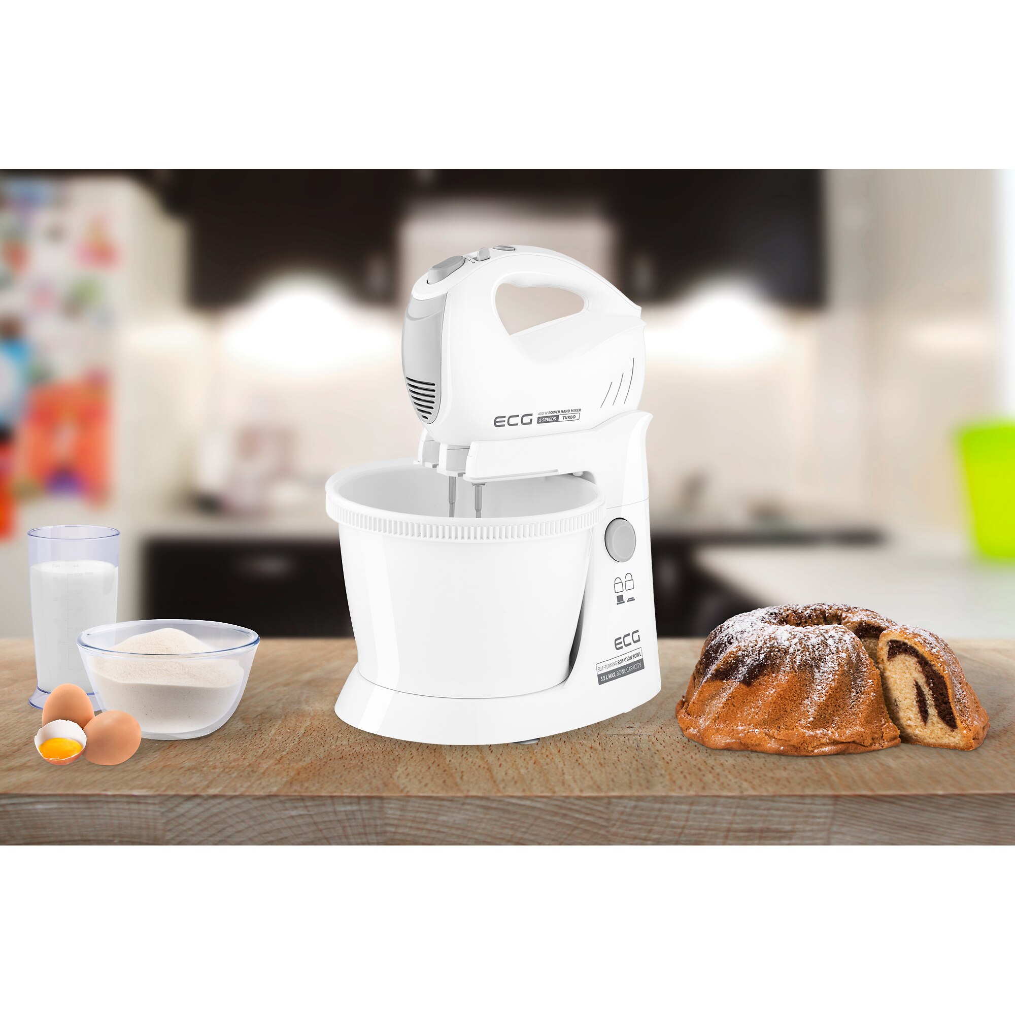 Mixer de mana cu bol rotativ ECG RSM 4052, 400 W, 3.5 L, 5 viteze, functie Turbo, alb - eMAG.ro