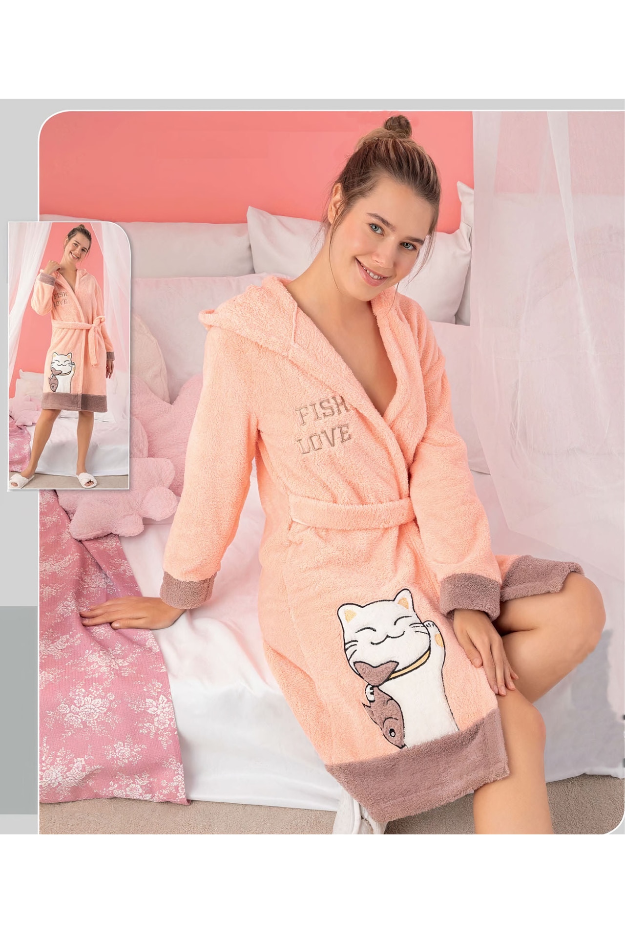 Halat cocolino de casa dama, pufos, cu gluga, imprimeu Pisicuta, Corai ...