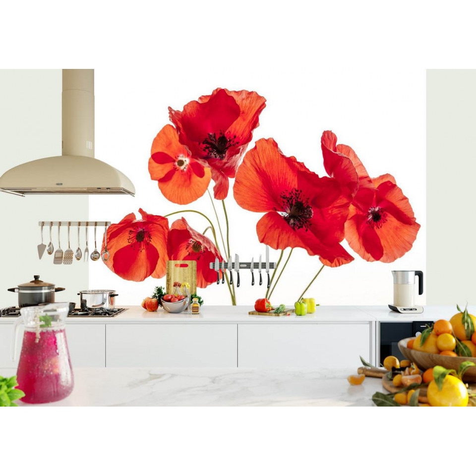 Fototapet, Buchet de maci rosii pe un fundal alb, 200 cm x 100 cm - eMAG.ro