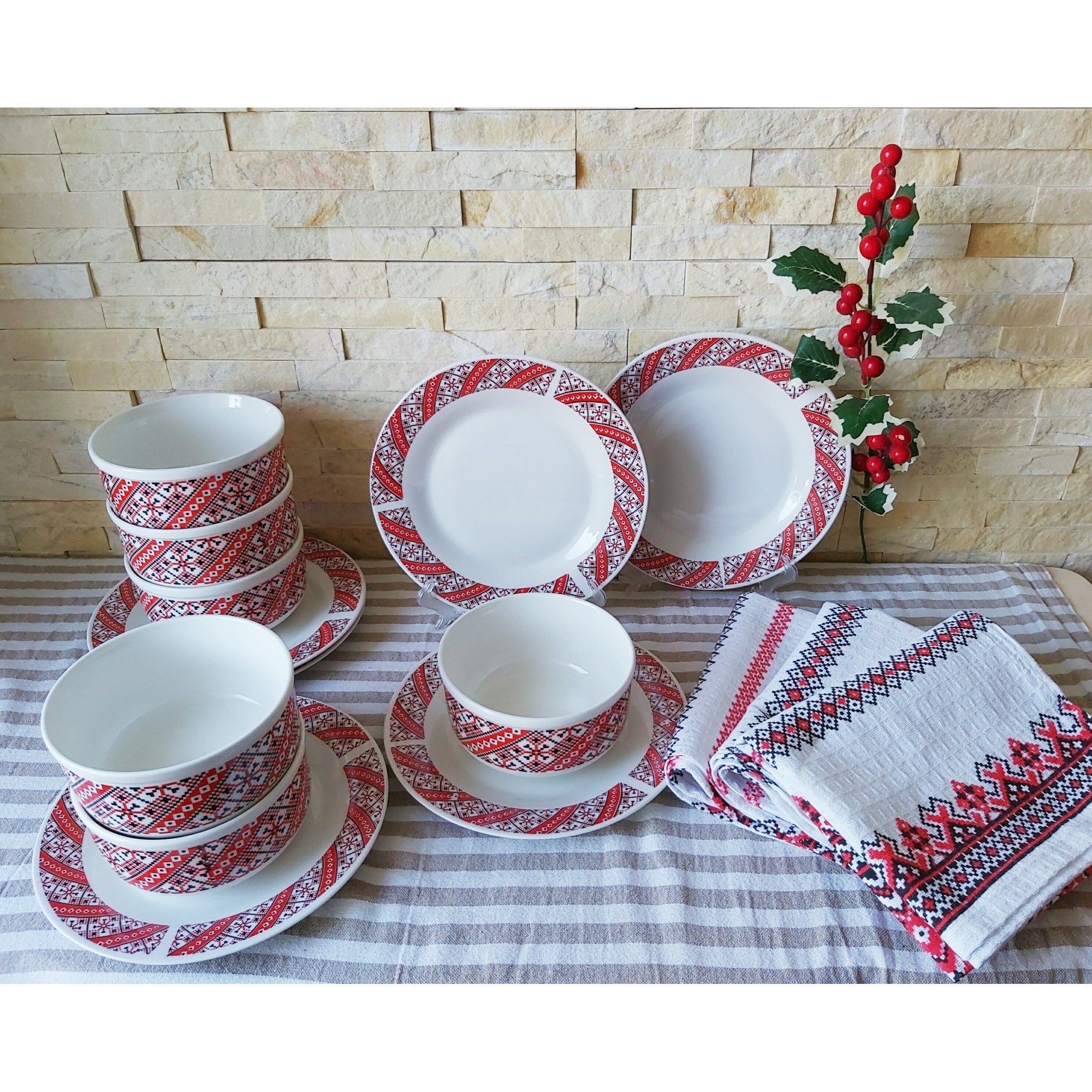 Set traditional, farfurii, boluri si servete/prosoape ,18 piese - eMAG.ro