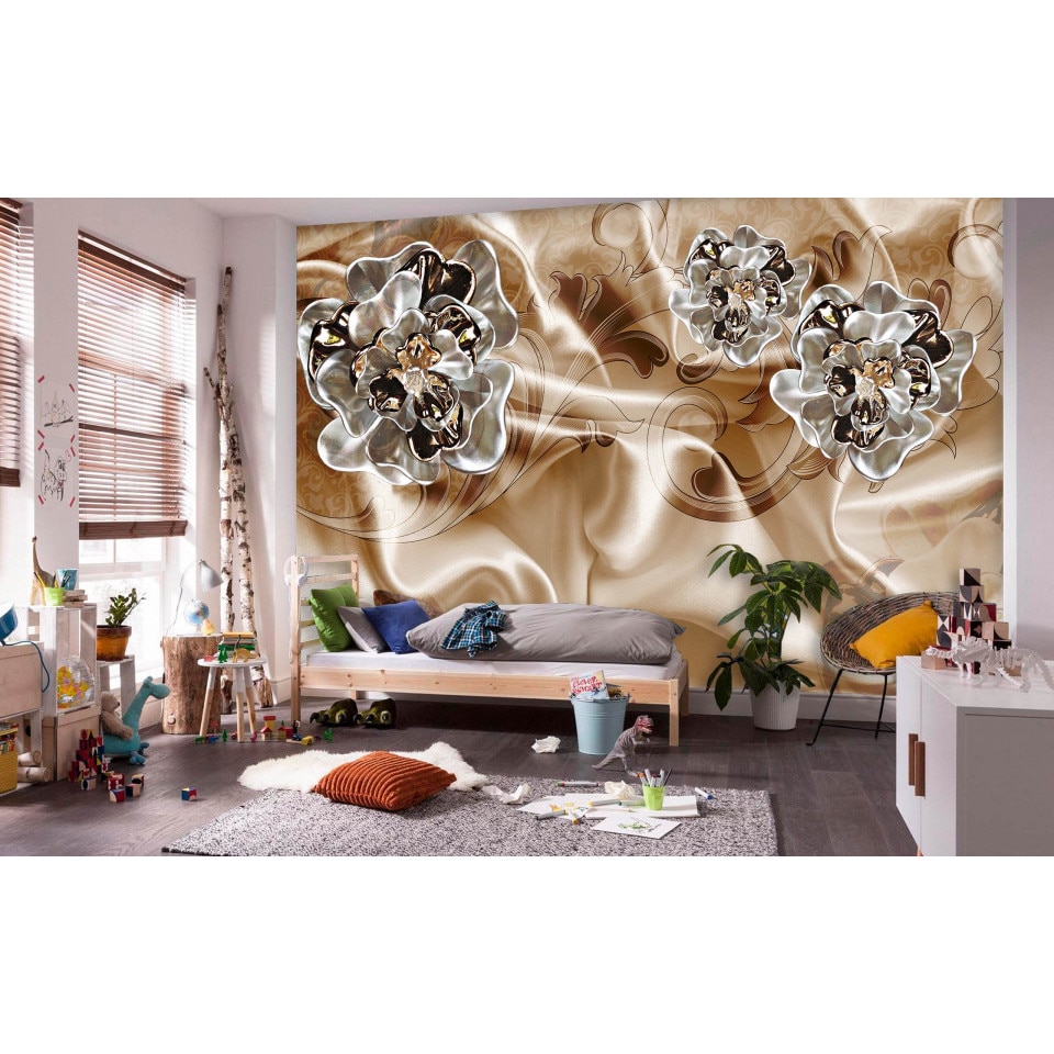 Fototapet, Flori gri pe un fundal maro, 300 cm x 200 cm - eMAG.ro