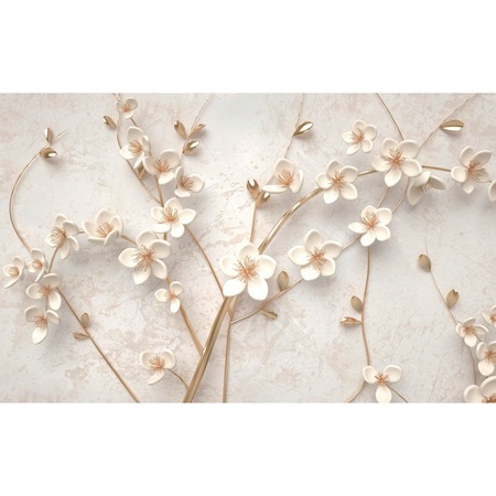 Fototapet, O crenguta cu flori roz pe un fundal bej, 350 cm x 250 cm ...