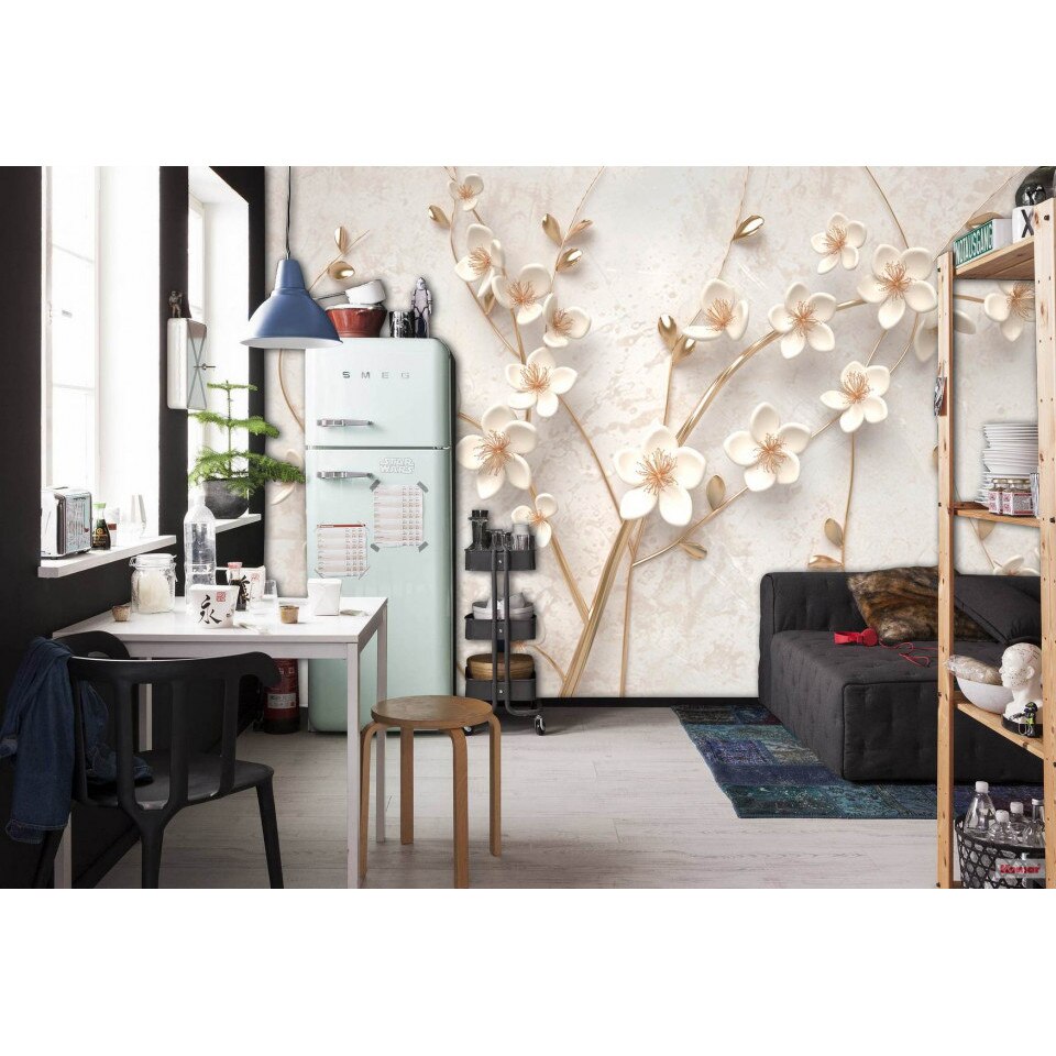 Fototapet, O crenguta cu flori roz pe un fundal bej, 350 cm x 250 cm ...