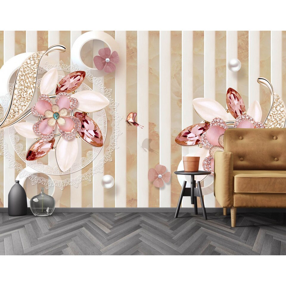 Fototapet, Flori delicate roz pe un fundal cu dungi, 150 cm x 100 cm ...