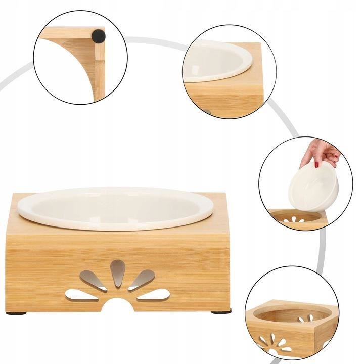 Castron, bol, pentru caine, pisica, cu suport, bambus, ceramica, alb ...