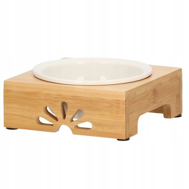 Castron, bol, pentru caine, pisica, cu suport, bambus, ceramica, alb ...