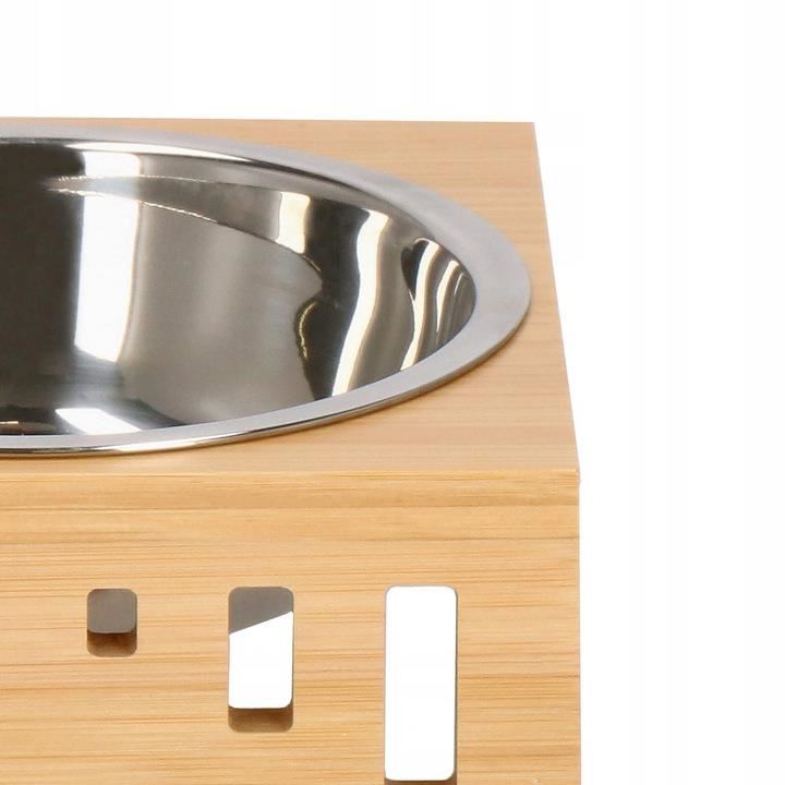 Castron, bol, pentru caine, pisica, cu suport, bambus, metal, inox, 14 ...