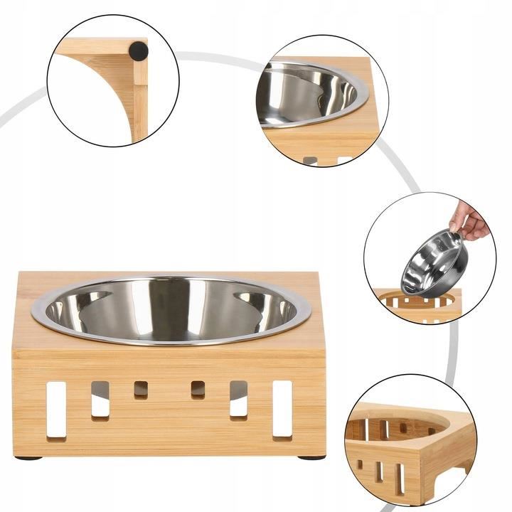 Castron, bol, pentru caine, pisica, cu suport, bambus, metal, inox, 14 ...