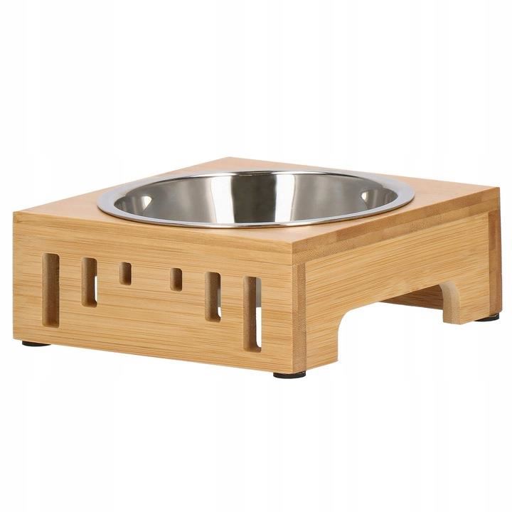 Castron, bol, pentru caine, pisica, cu suport, bambus, metal, inox, 14 ...