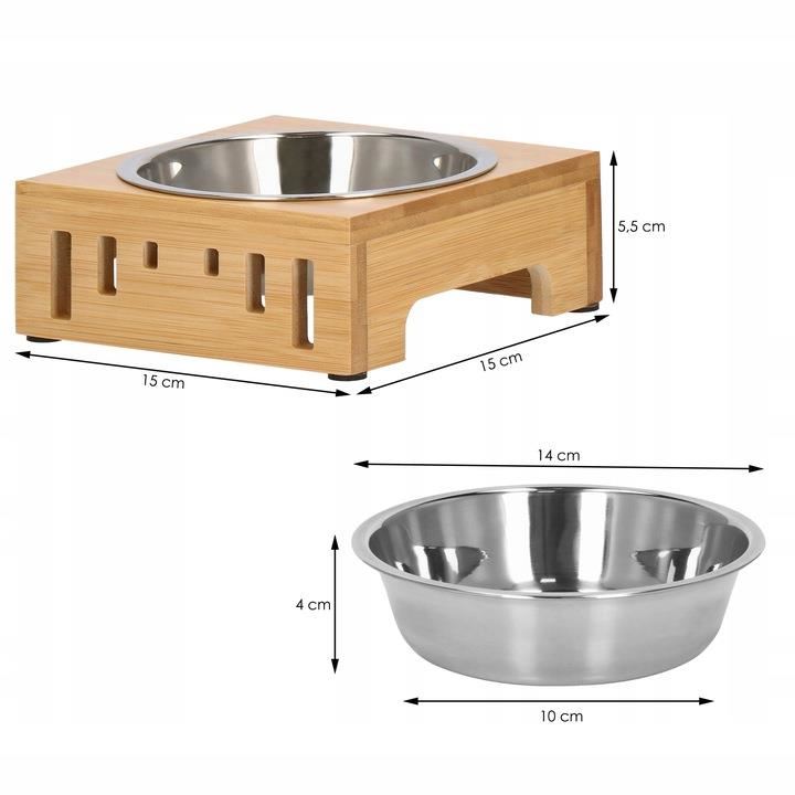 Castron, bol, pentru caine, pisica, cu suport, bambus, metal, inox, 14 ...