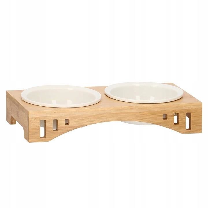 Castron, bol, pentru caine, pisica, dublu, cu suport, bambus, ceramica ...