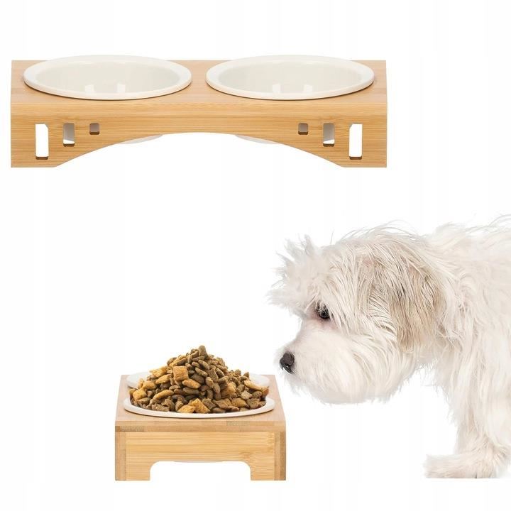 Castron, bol, pentru caine, pisica, dublu, cu suport, bambus, ceramica ...