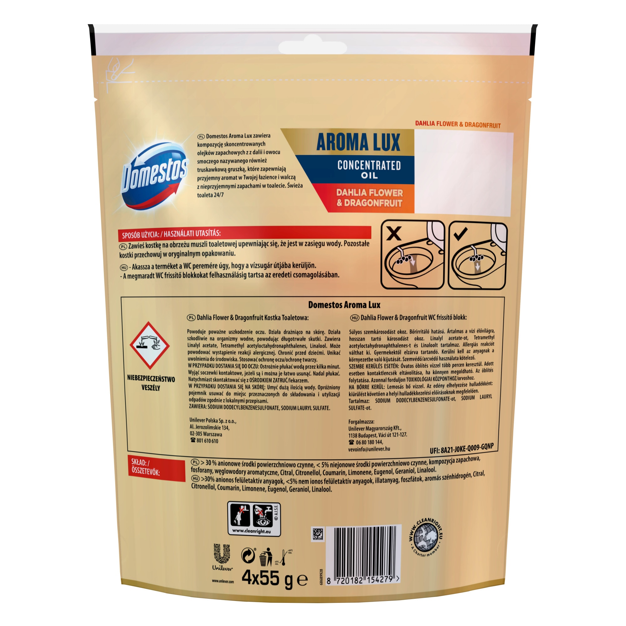 DOMESTOS Aroma Lux Dahlia Flower & Dragon Fruit WC-rúd, 4x55g - eMAG.hu