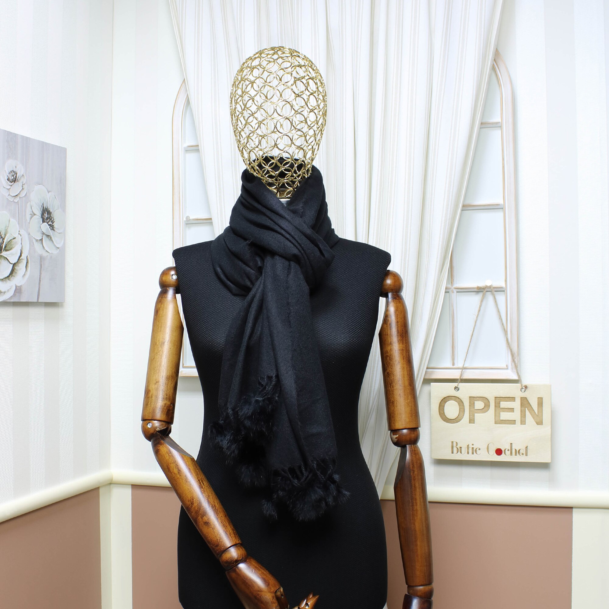 Esarfa de dama, 100% casmir, Negru cu ciucuri, 190 x 70 cm - ES781 ...