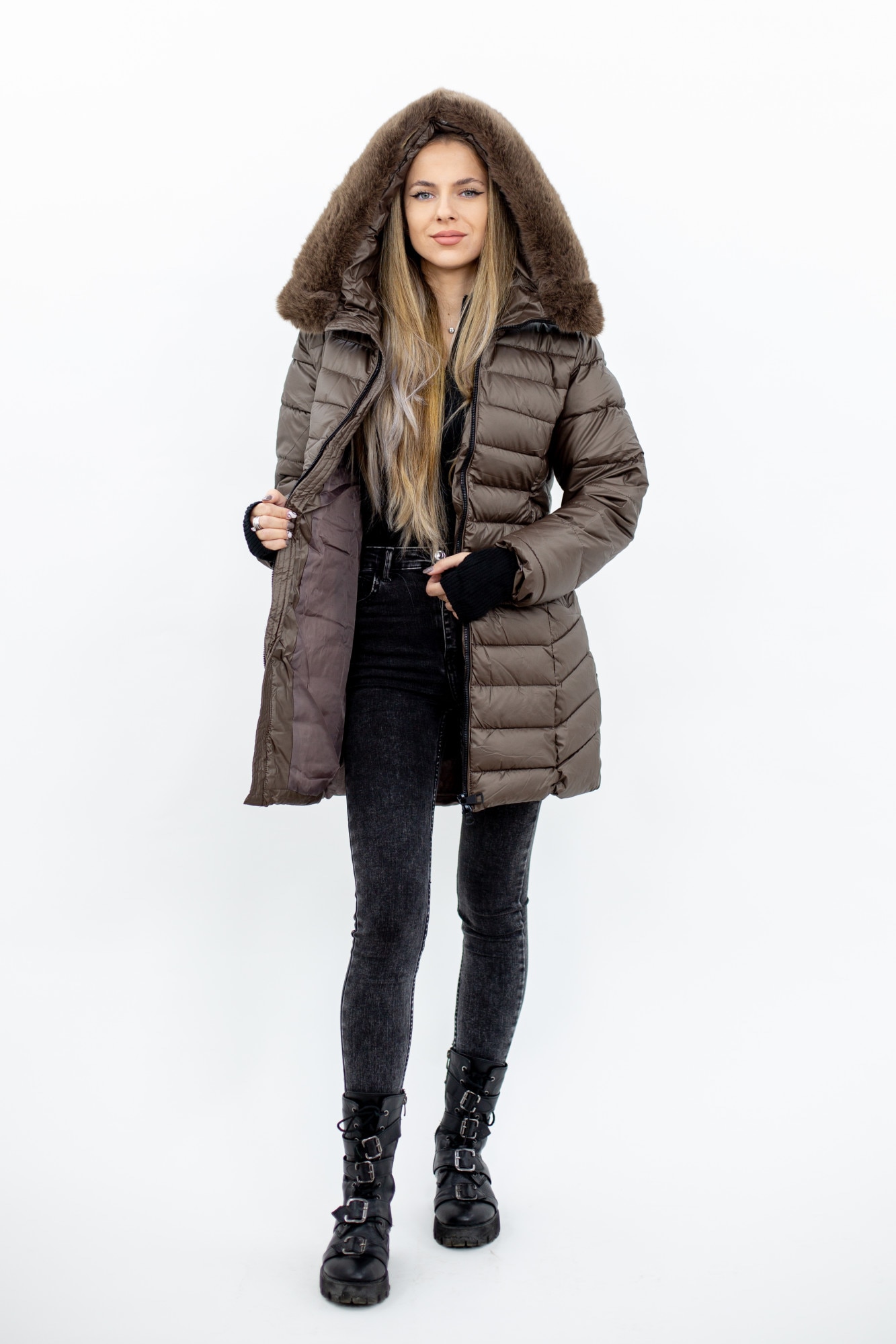 Geaca lunga cu gluga, 2176, Maro, M - eMAG.ro