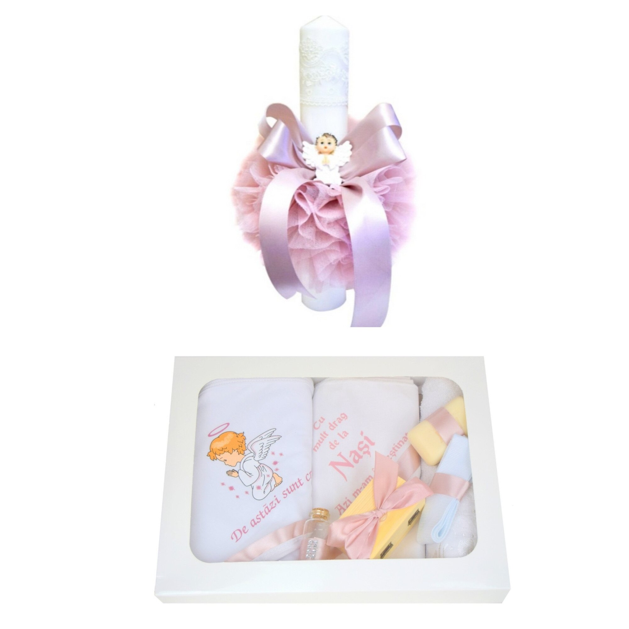 Set botez complet 9 piese, cutiuta mot, lumanare cu inger, cutie cu ...