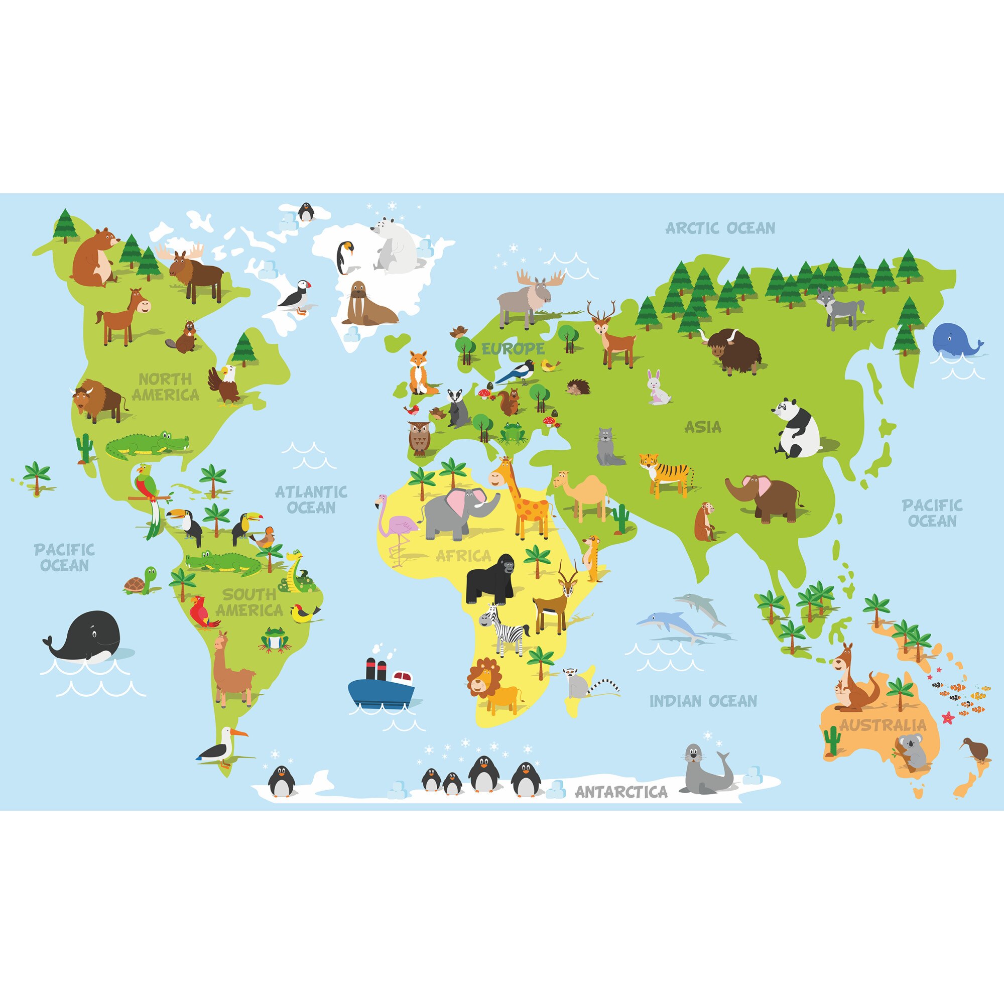 Fototapet pentru copii, Harta lumii cu animale pe un fundal albastru ...