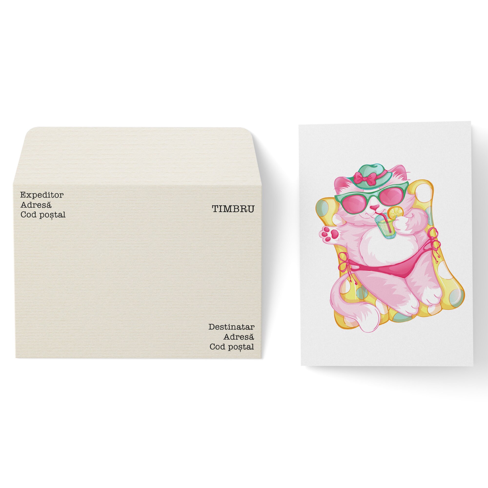 Поздравителна картичка с плик висококачествена текстурирана хартия котка на плажа Emag Bg