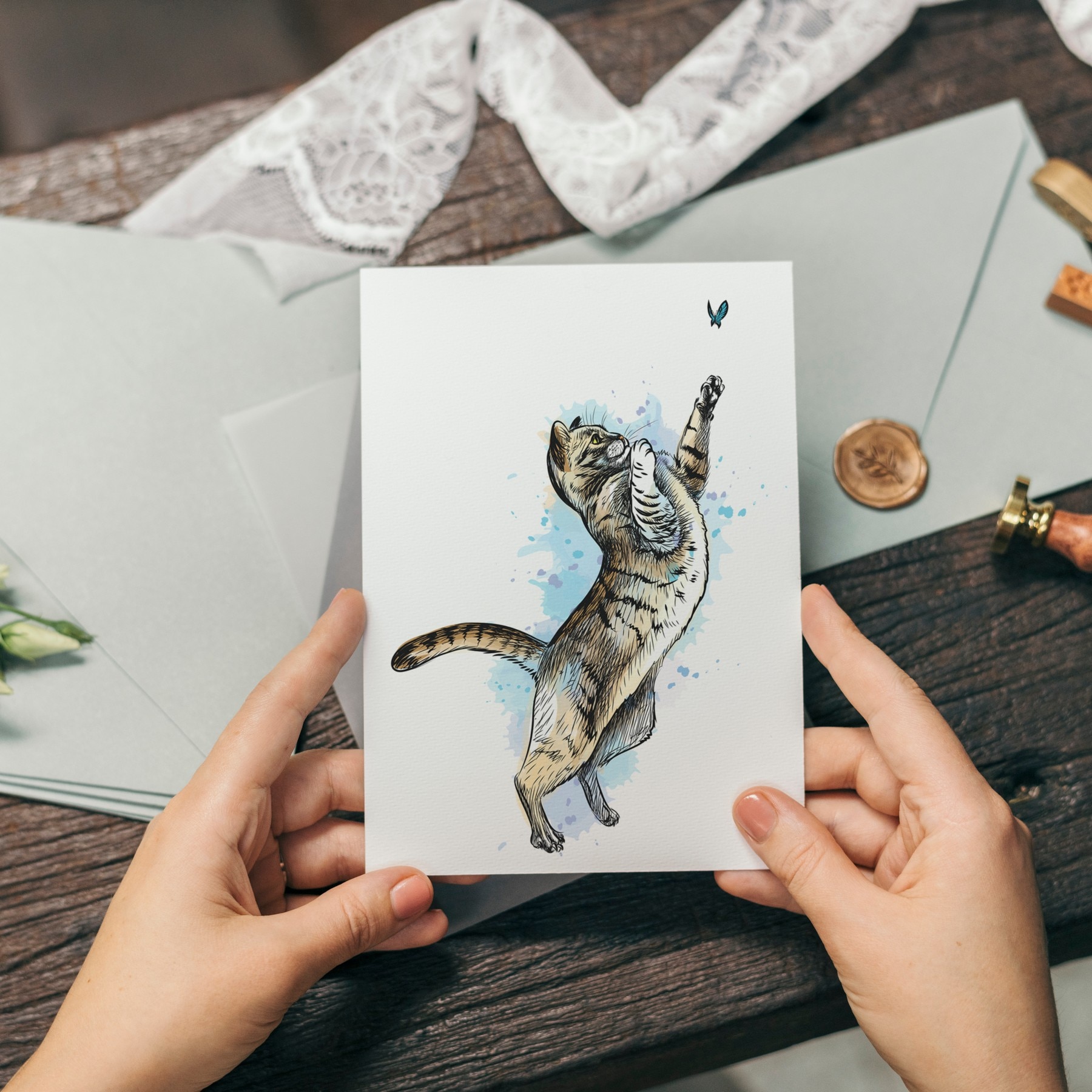 Felicitare cu plic, hartie texturata premium - motan cu fluture - eMAG.ro