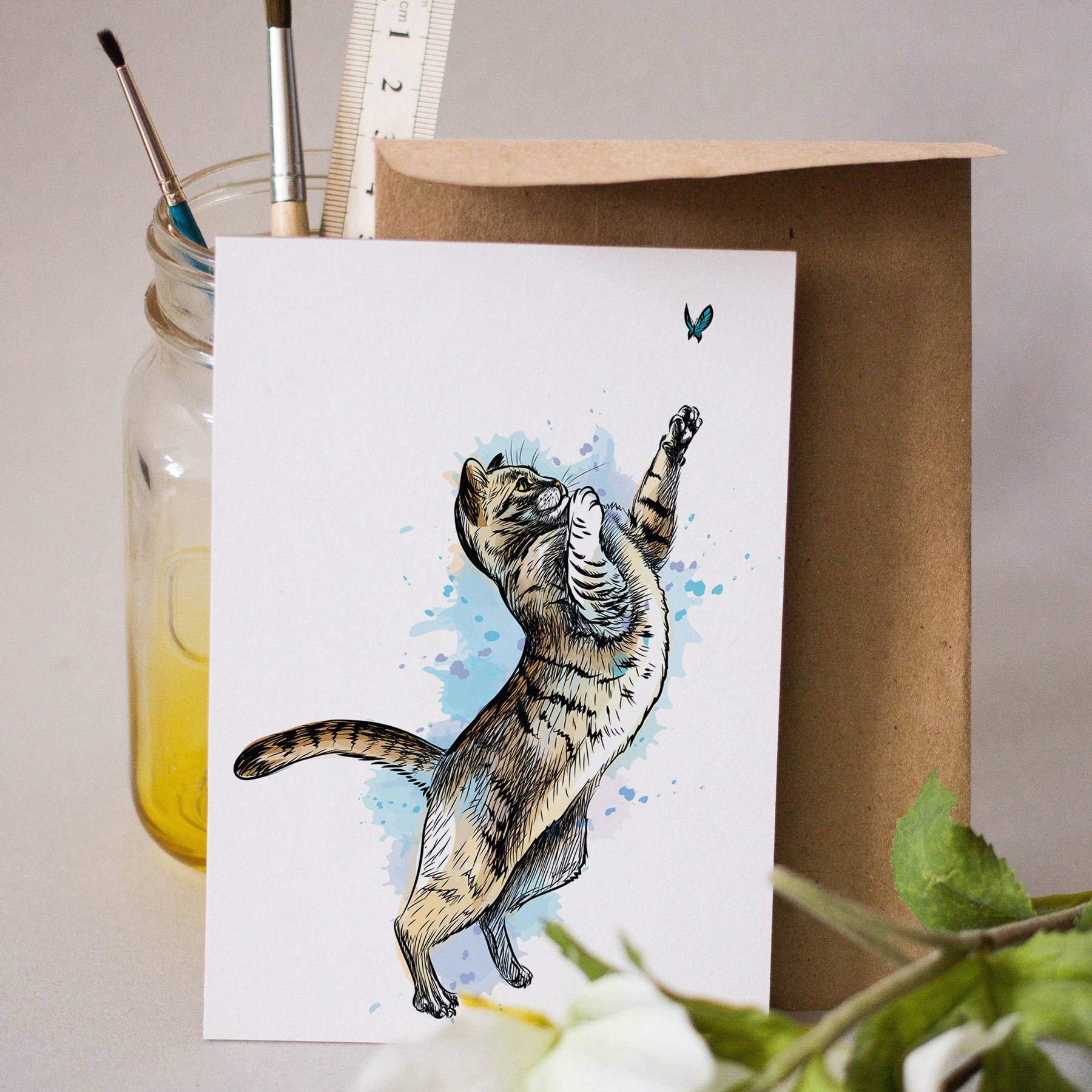 Felicitare cu plic, hartie texturata premium - motan cu fluture - eMAG.ro