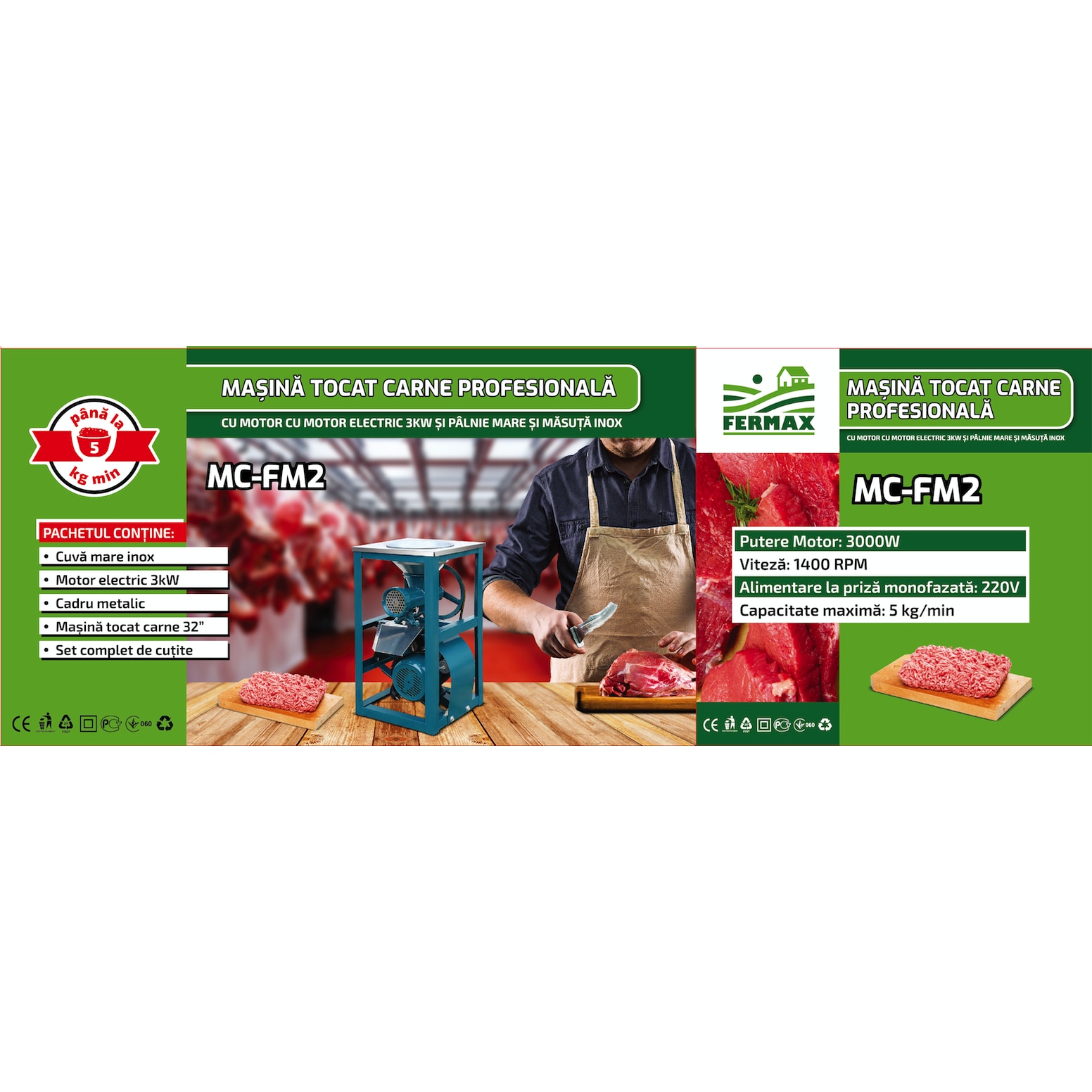 Masina de tocat carne Nr.32, DDT, 300Kg/Ora, cu motor electric 1.5KW ...