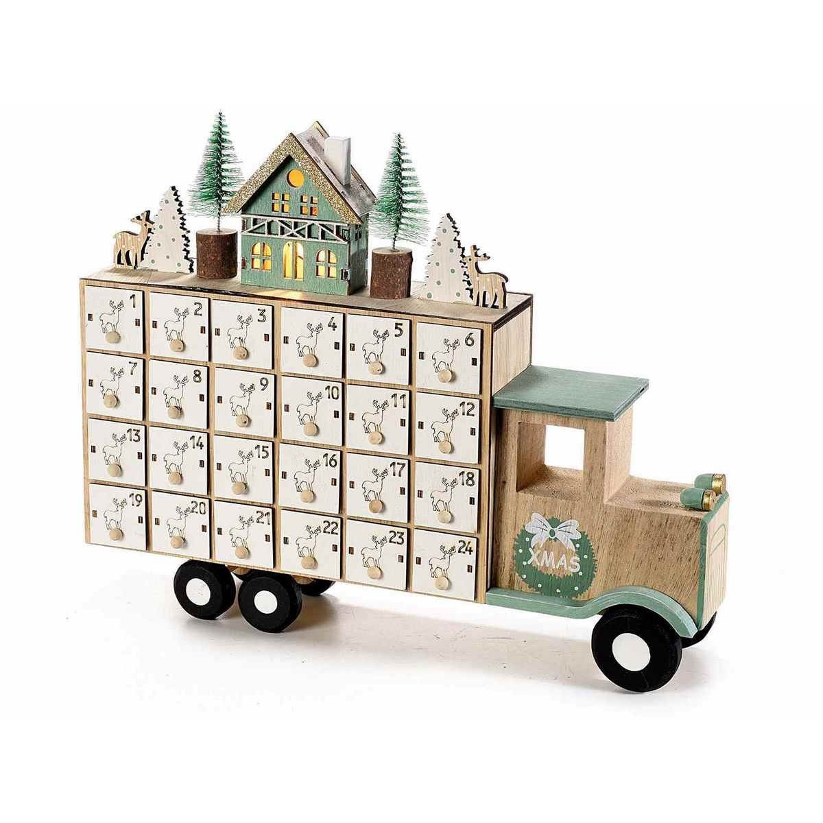 Calendar Advent Craciun din lemn verde natur cu leduri model Camion 30 ...