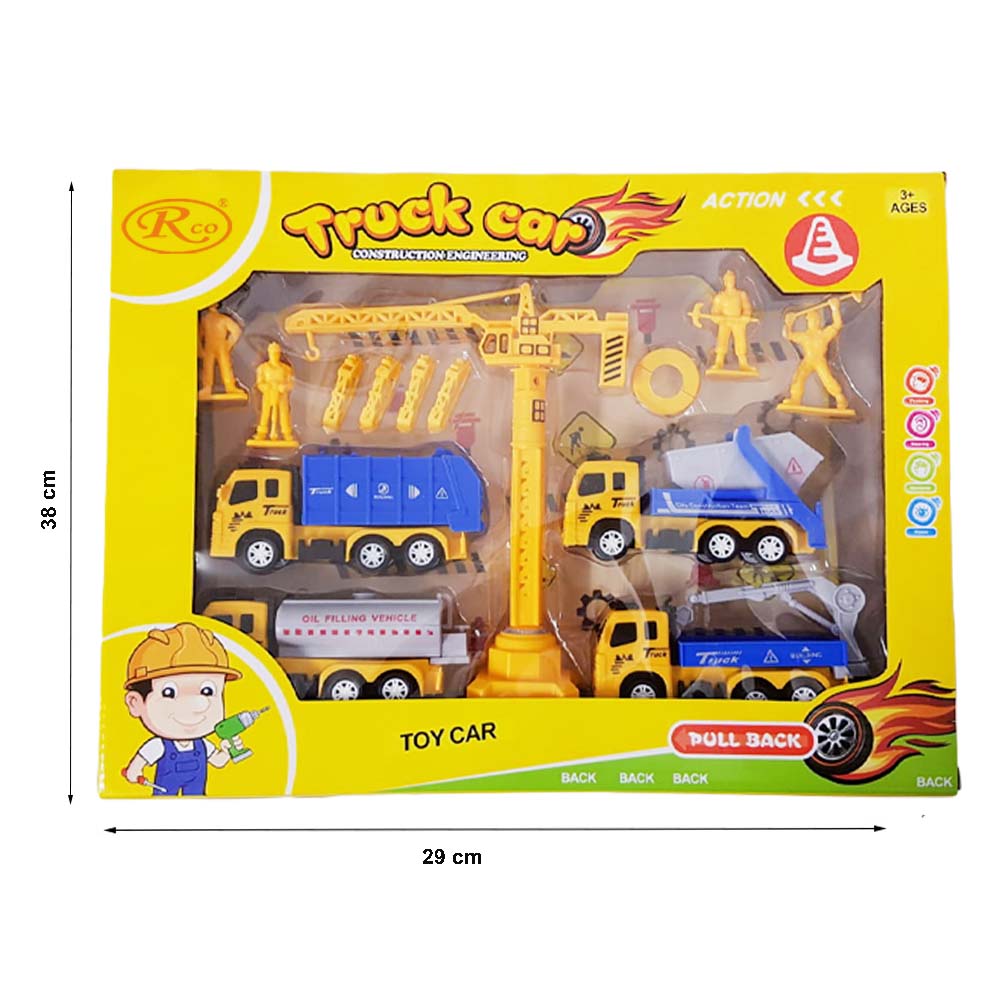 Set Macara cu vehicule de constructii si accesorii,14 piese, 38 cm ...