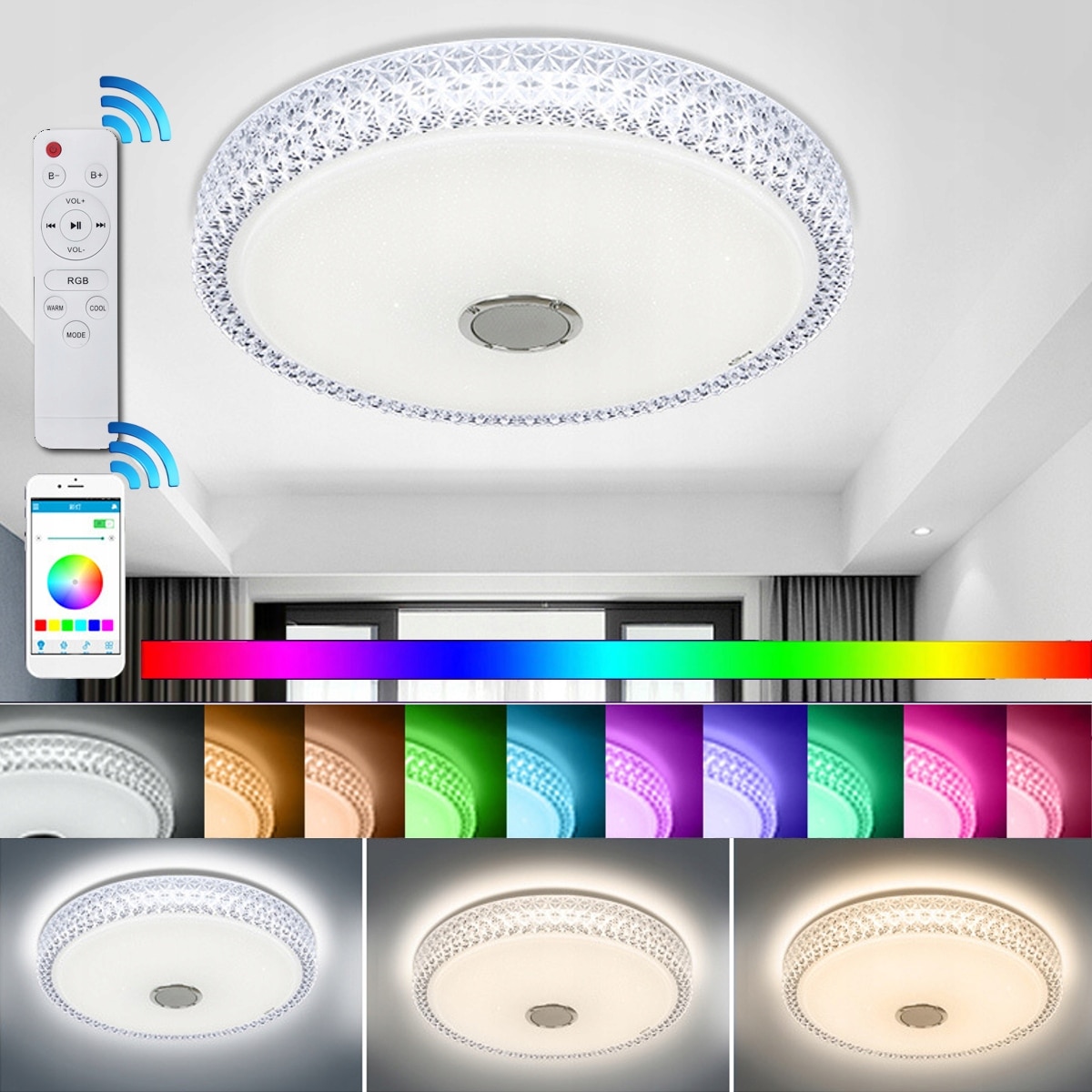 Plafoniera LED cu telecomanda MECO, Starlight, RGB, Bluetooth, 70W, Alb ...