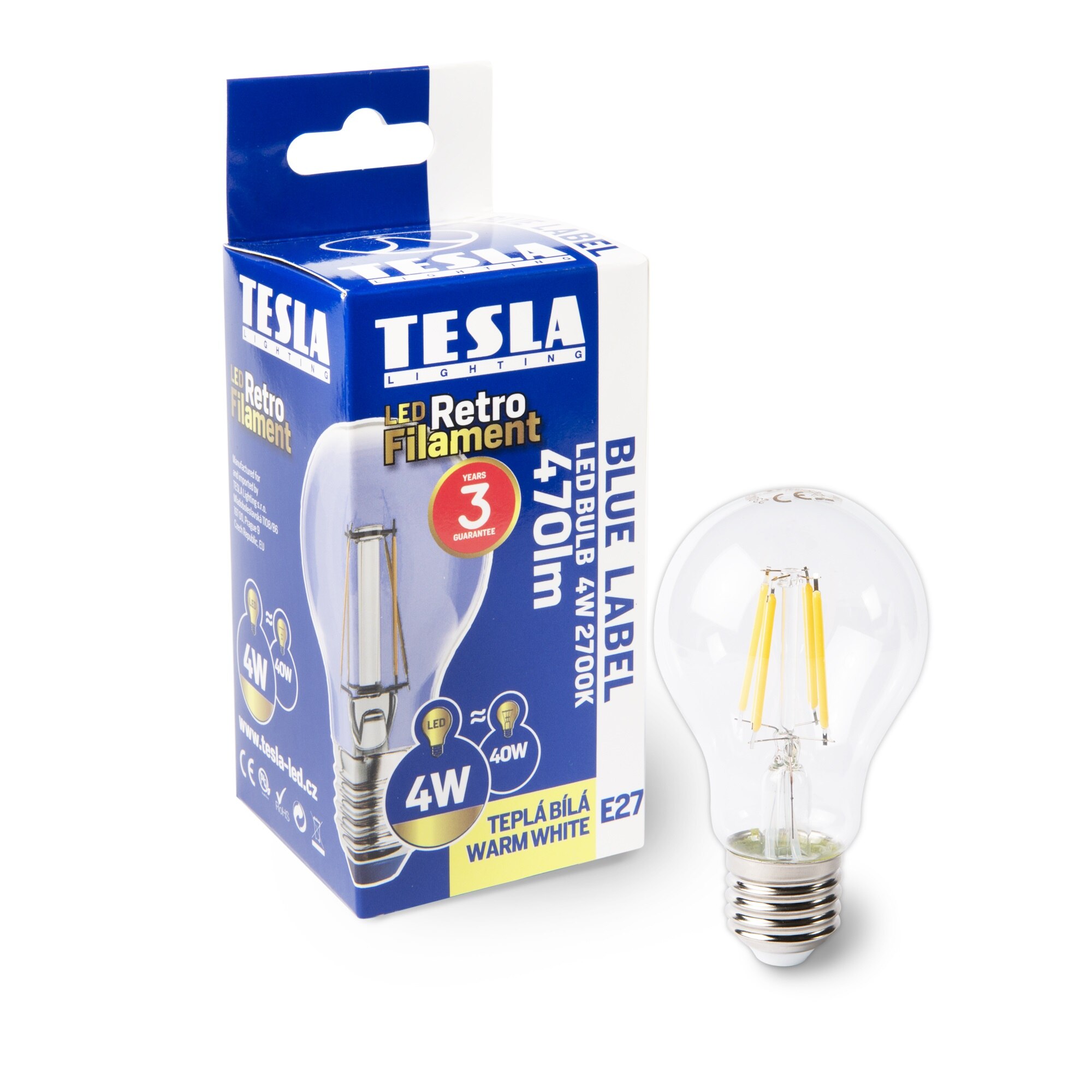 Bec led Bulb RETRO Filament TESLA Lighting 4W, E27, 230V, 470 lm, 25 ...