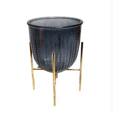 Suport pentru plante din sticla cu picioruse metalice, bleumarin inchis ...