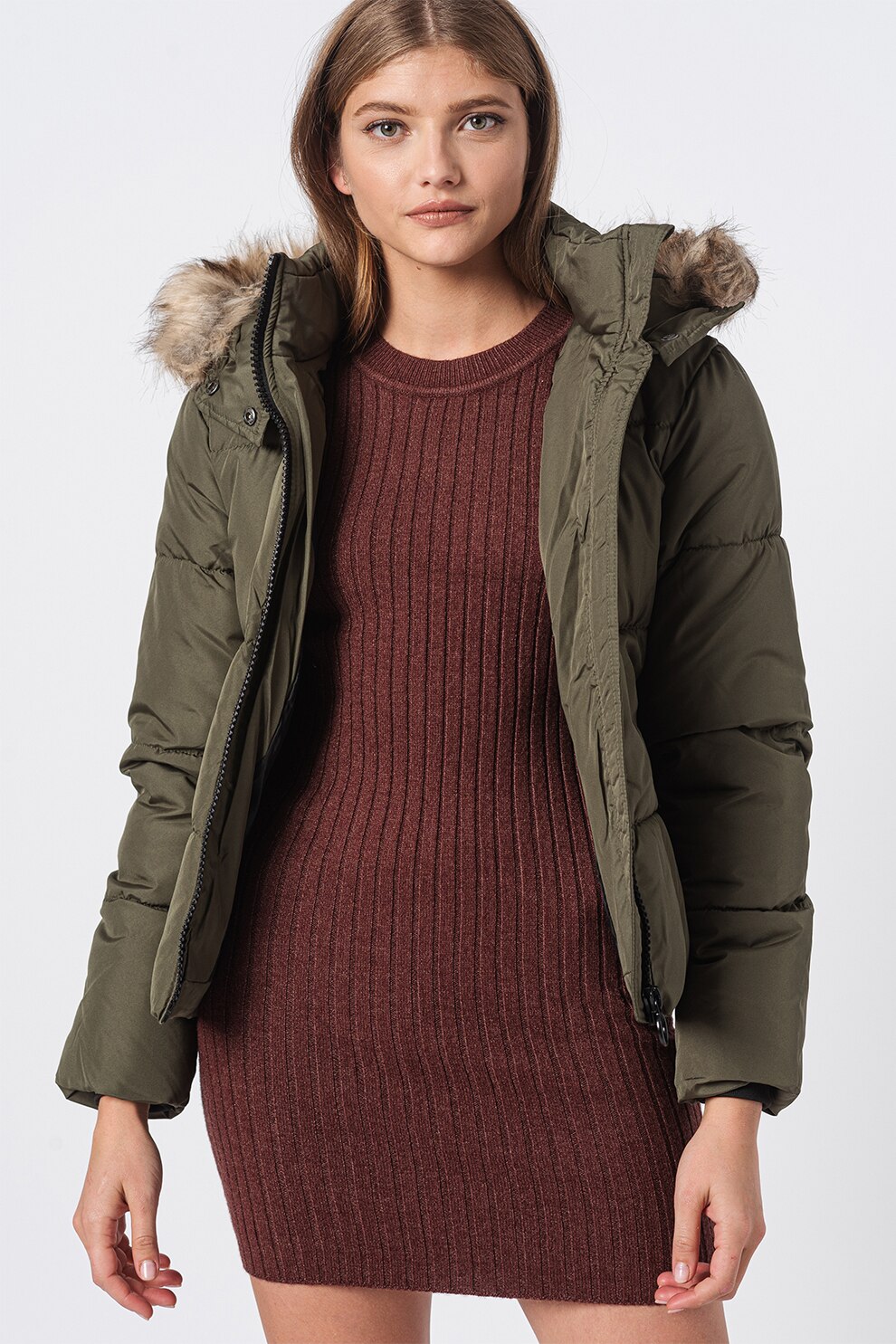 JdY, Geaca cu garnitura din blana sintetica Daisy, Verde militar, XL ...