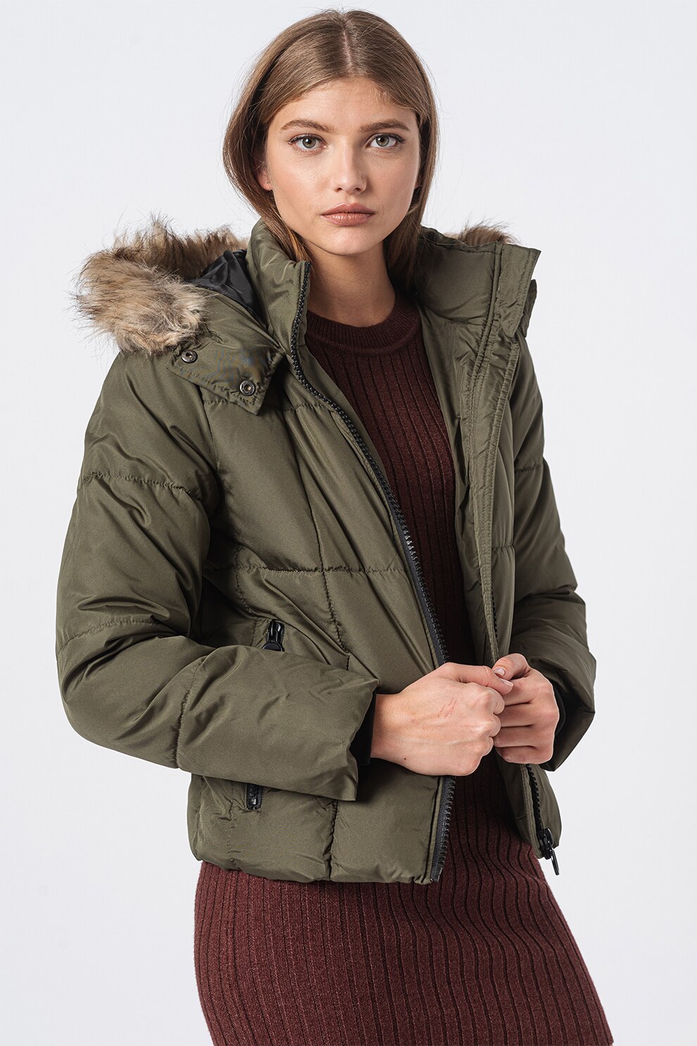 JdY, Geaca cu garnitura din blana sintetica Daisy, Verde militar, XL ...