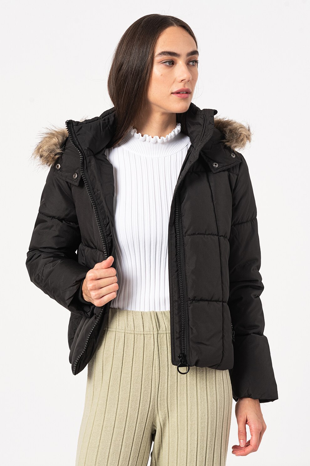 JdY, Geaca cu garnitura din blana sintetica Daisy, Negru, M - eMAG.ro