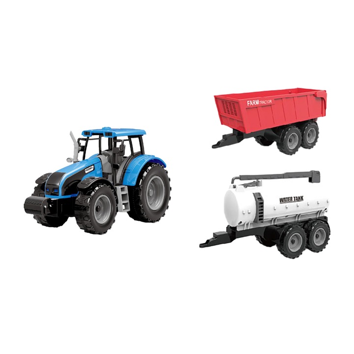 Set tractor ferma cu doua remorci, friction, albastru - eMAG.ro