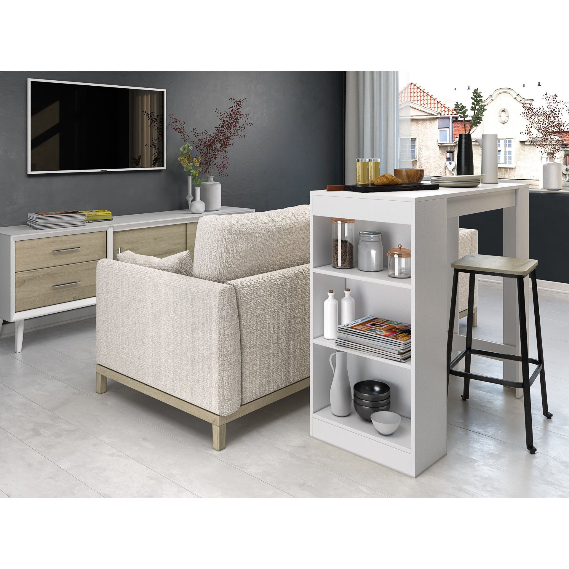 Masa inalta de bar, Nancy Homestore, Lemn, 110 x 50 x 130 cm, Alb - eMAG.ro