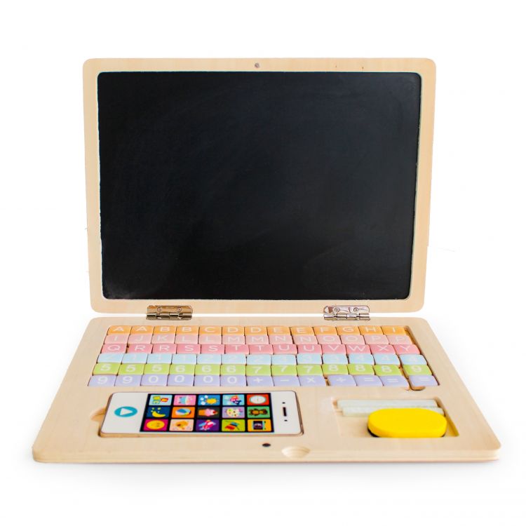 Laptop din lemn pentru copii cu placa magnetica, creta, burete si ...