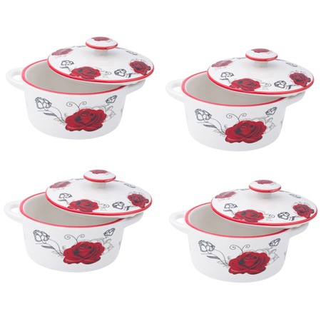 Set 4 boluri supa din ceramica cu capac, model floral, 600ml - eMAG.ro